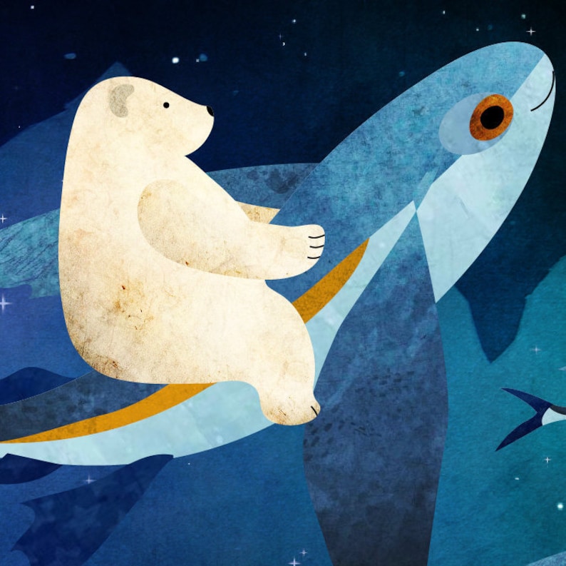 Polar Bear and Flying Fish, Nursery Animal Wall Art, Kids Room, Polar ...