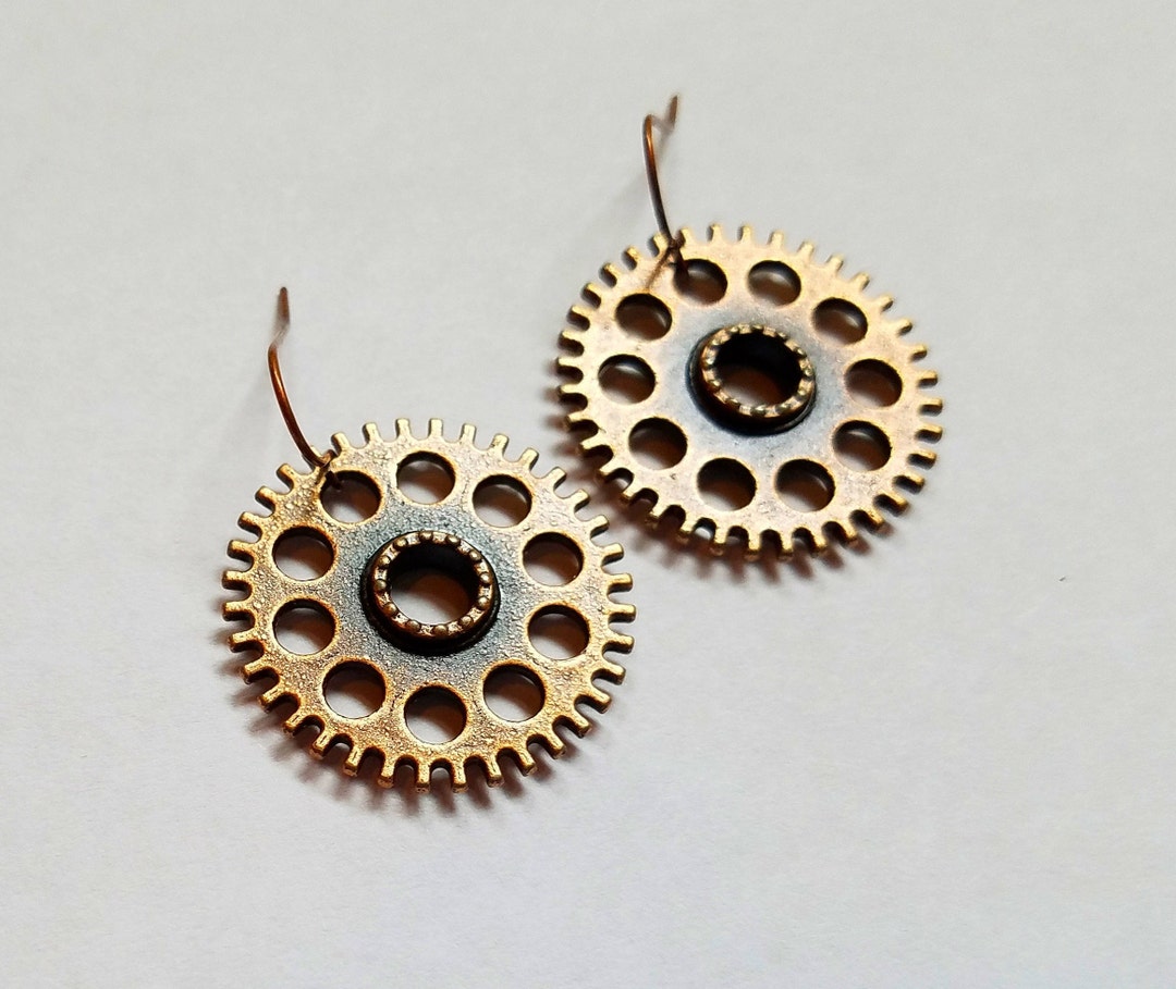 Round Rustic Brass Gear Earrings / Engineer Girl Gifts / Metal ...