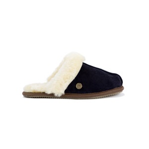 Womens/ladies Handmade Sheepskin Slippers in Navy Blue Suede Leather ...