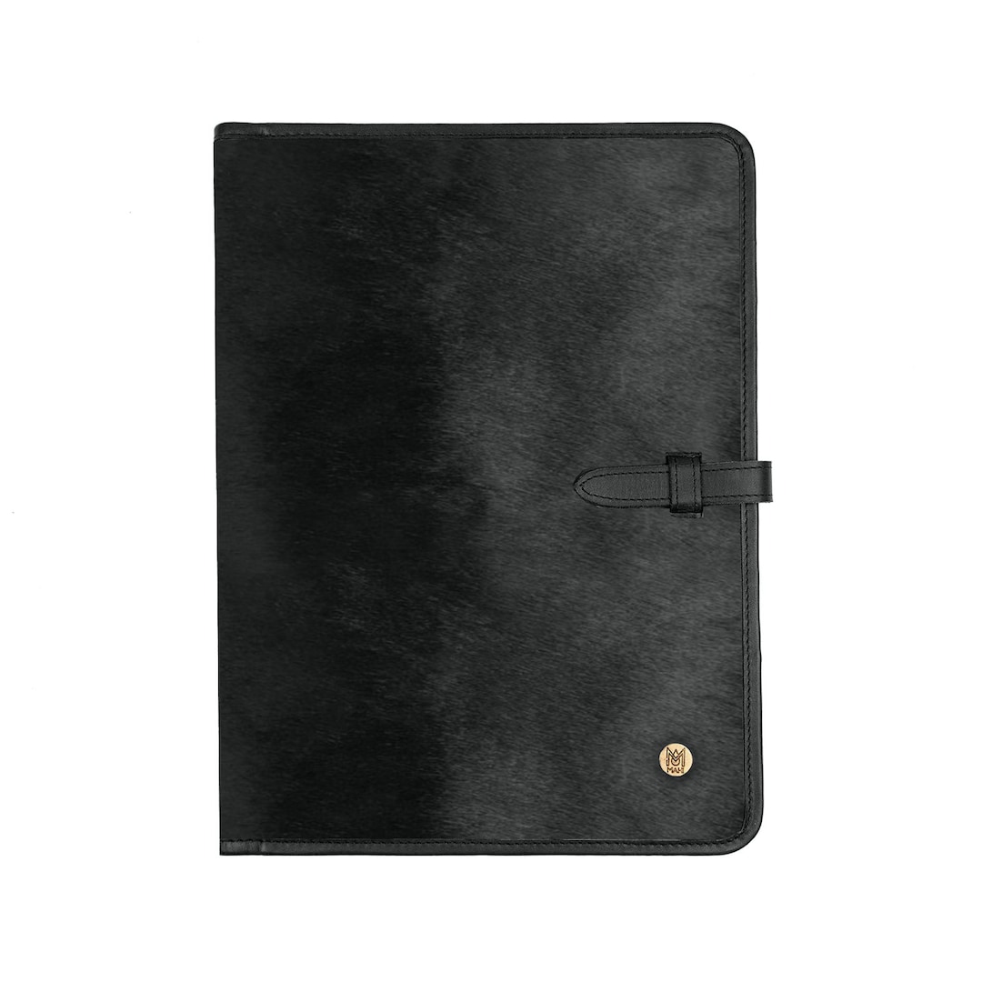 Black Natural Fur Cowhide Leather Portfolio | A4 Padfolio Folder ...