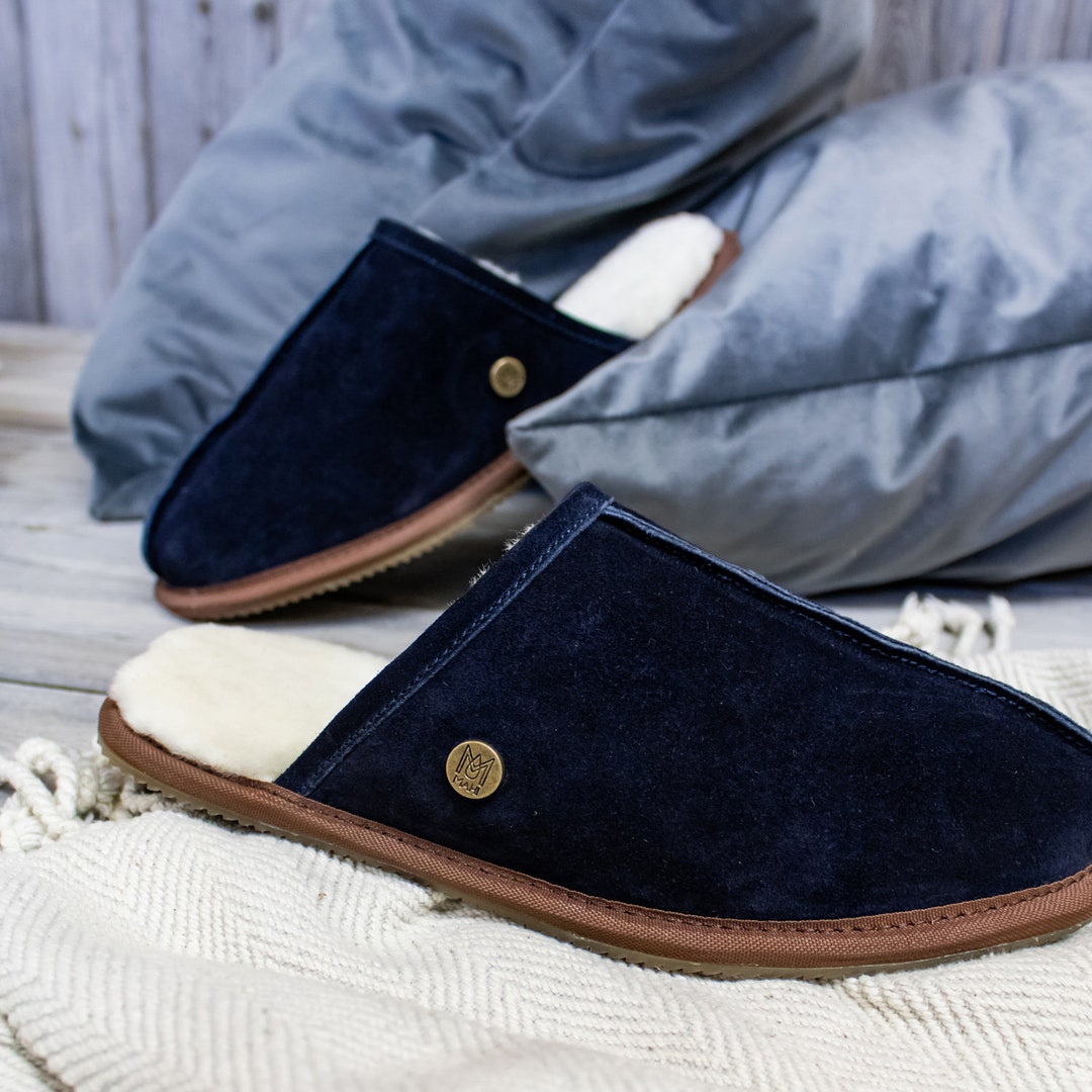 Mens Handmade Sheepskin Slippers in Navy Blue Suede Leather | Cosy ...