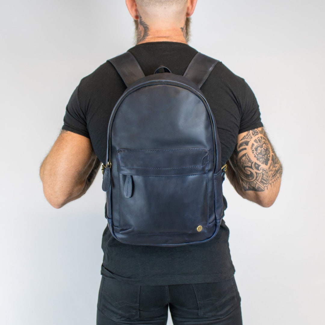 Navy Blue Leather With Personalized Initials | Laptop College Backpack ...