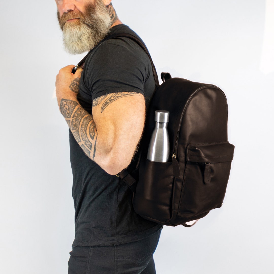 Personalized Dark Brown Leather Backpack | Side Pockets & 13" Laptop ...