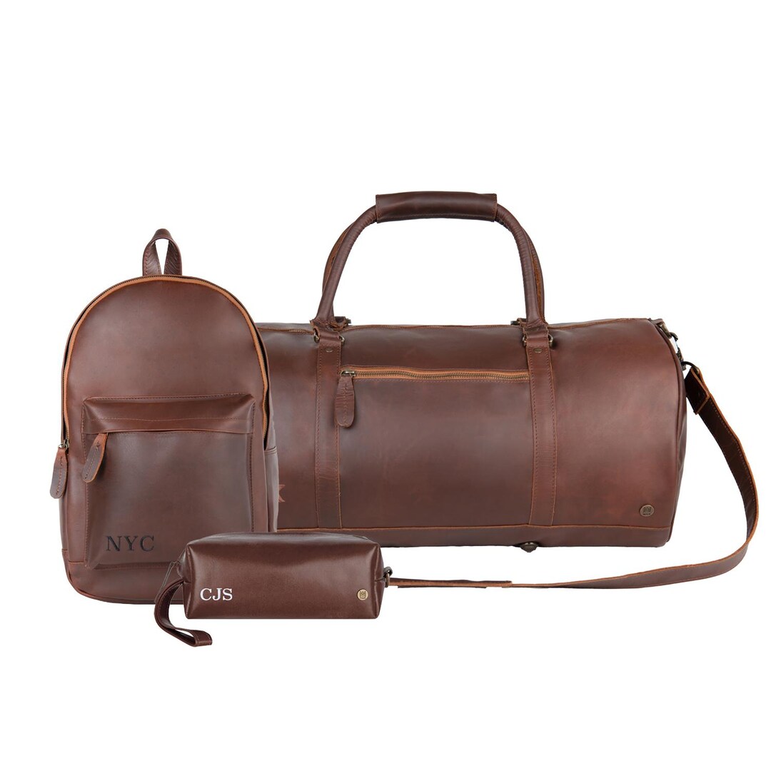 Personalized Gift Set With Leather Classic Duffle, Backpack, & Wash Bag ...