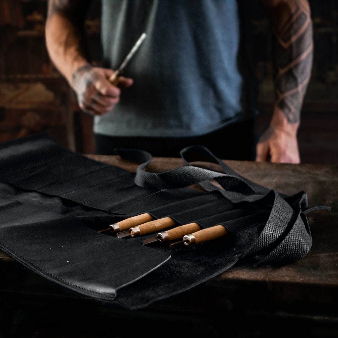 Personalized Black Leather Tool Roll Case, Craft Tool Case for Woodwork ...