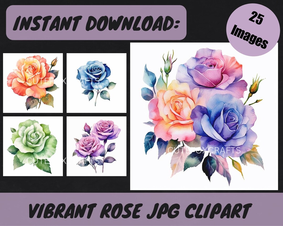 Vibrant Watercolor Rose Floral Clip Art, JPG Colorful Rose Flower ...