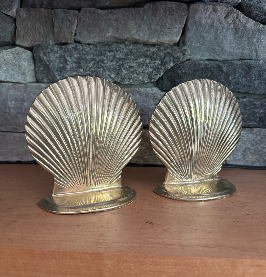 Vintage Brass Scallop Shell Pair of Bookends | Coastal Decor | Library ...
