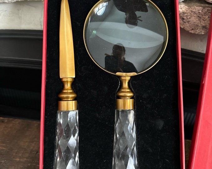 Antique Bronze and Cut Crystal Letter Opener and Magnifyer Set | Desk ...