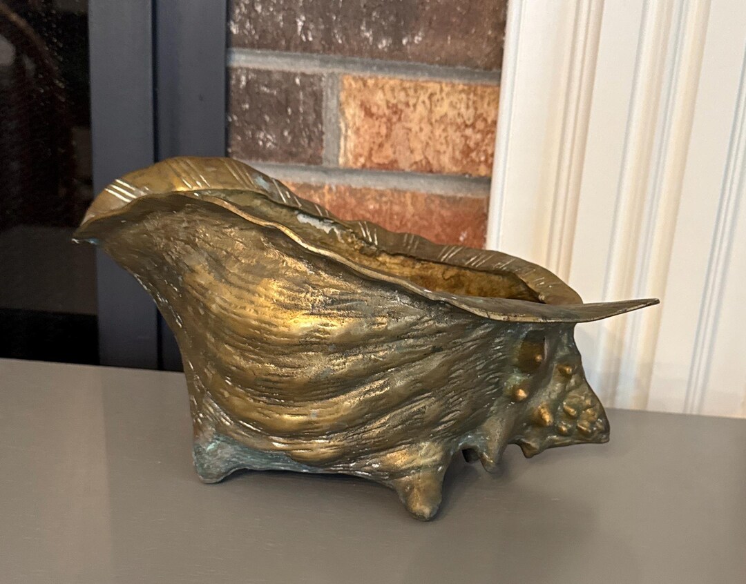 Vintage Brass Shell Planter Pot Catch All Beach Decor MCM Coastal Art ...