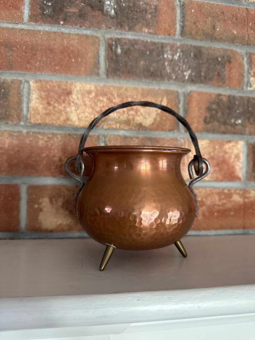Vintage Hammered Copper Footed Cauldron With Cast Iron Handle and Brass ...