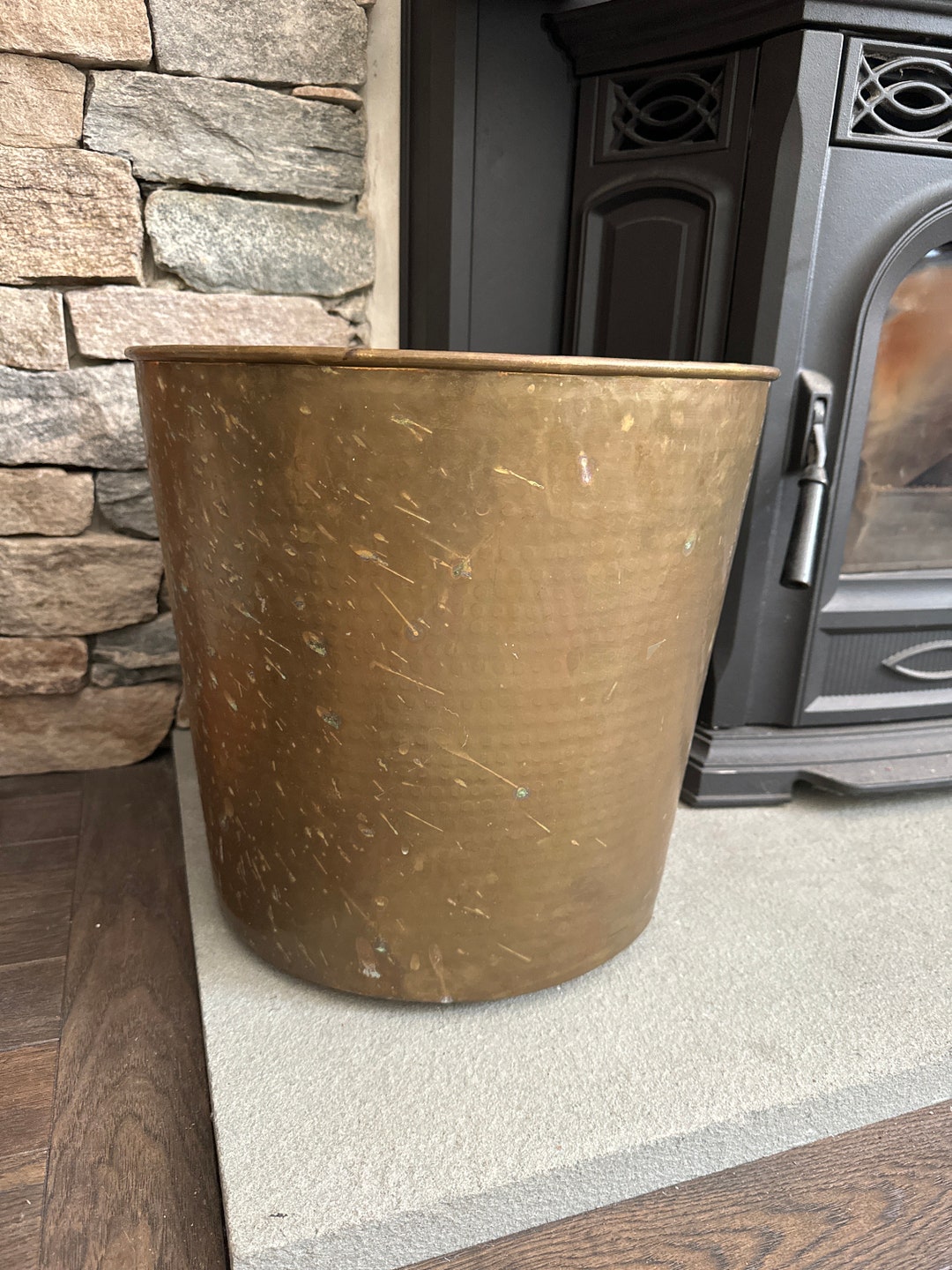 Large Vintage Hammered Brass Bucket Fire Wood Kindling Coal or Ash ...