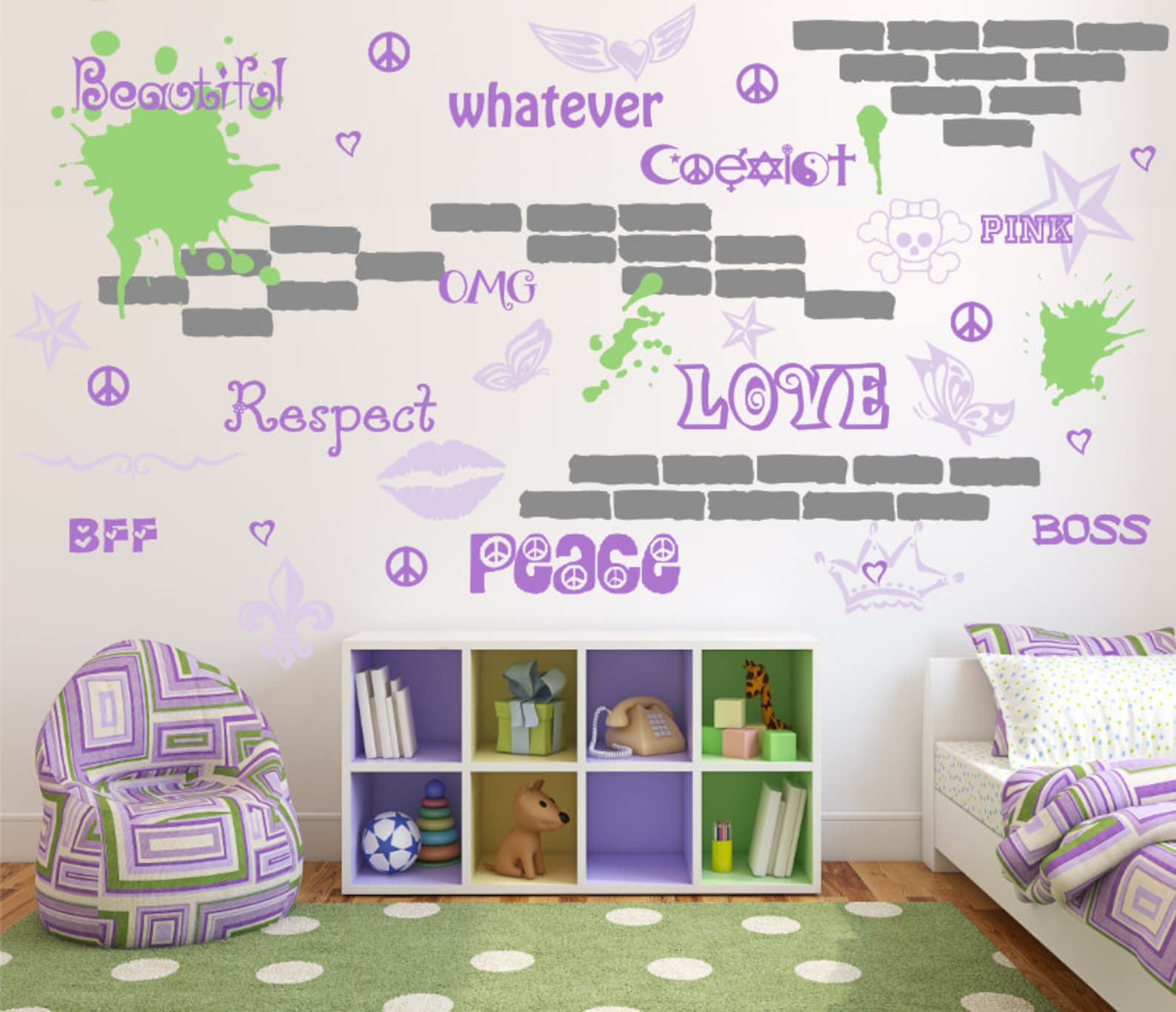 Retro Wall Decals, Vintage 70's, Art, Music, Expressions, Bricks, Ink ...