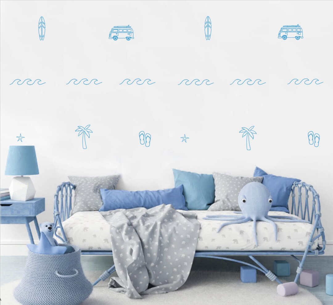 A Day at the Beach Wall Decals, Waves, Surfboards, Palm Trees, Starfish ...