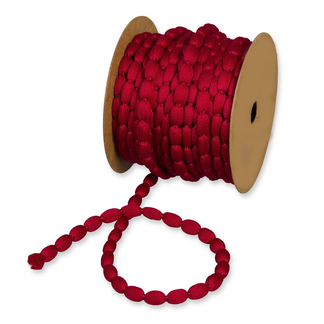 REMNANT: Deep Red Pom Pom Bobble String, 8mm (5/16in) Wide *1.04mtr ...