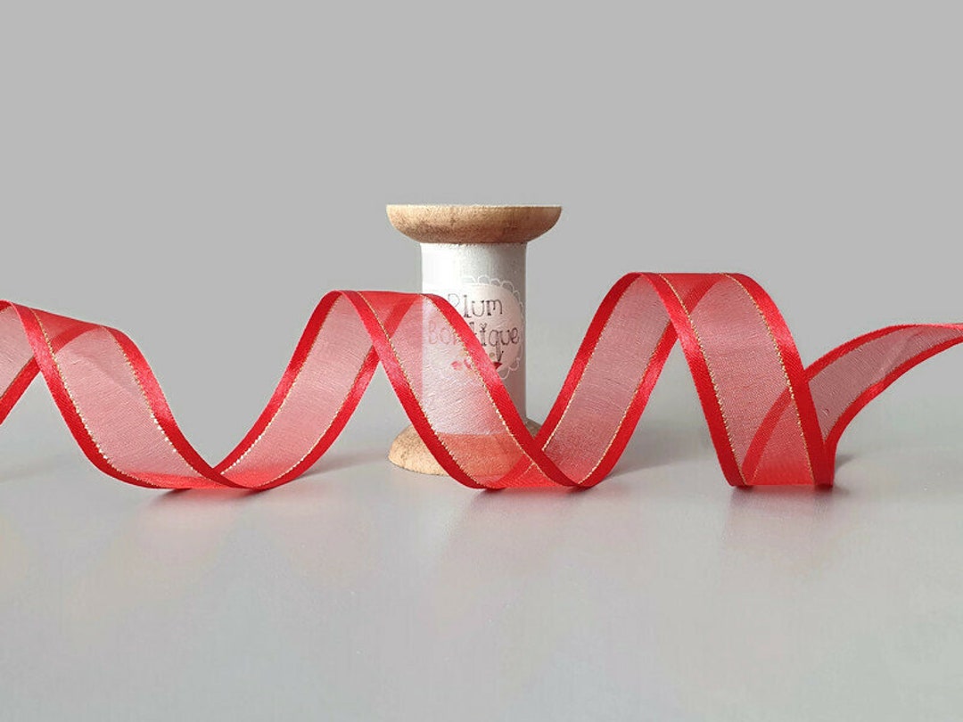 Red Sheer Ribbon With Satin Edge and Metallic Gold Stripe, 23mm (7/8in ...