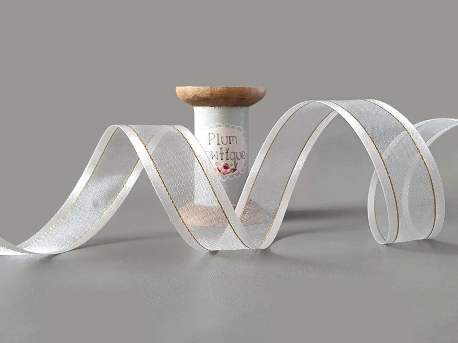 Ivory Sheer Ribbon With Satin Edge and Metallic Gold Stripe, 23mm (7 ...