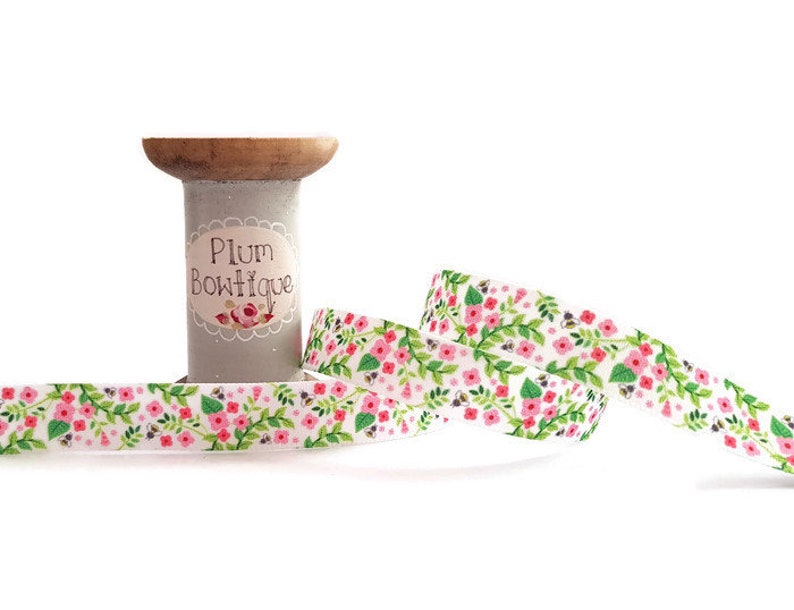 Pink Floral Print with Bees on White Woven Ribbon 15mm wide | Etsy