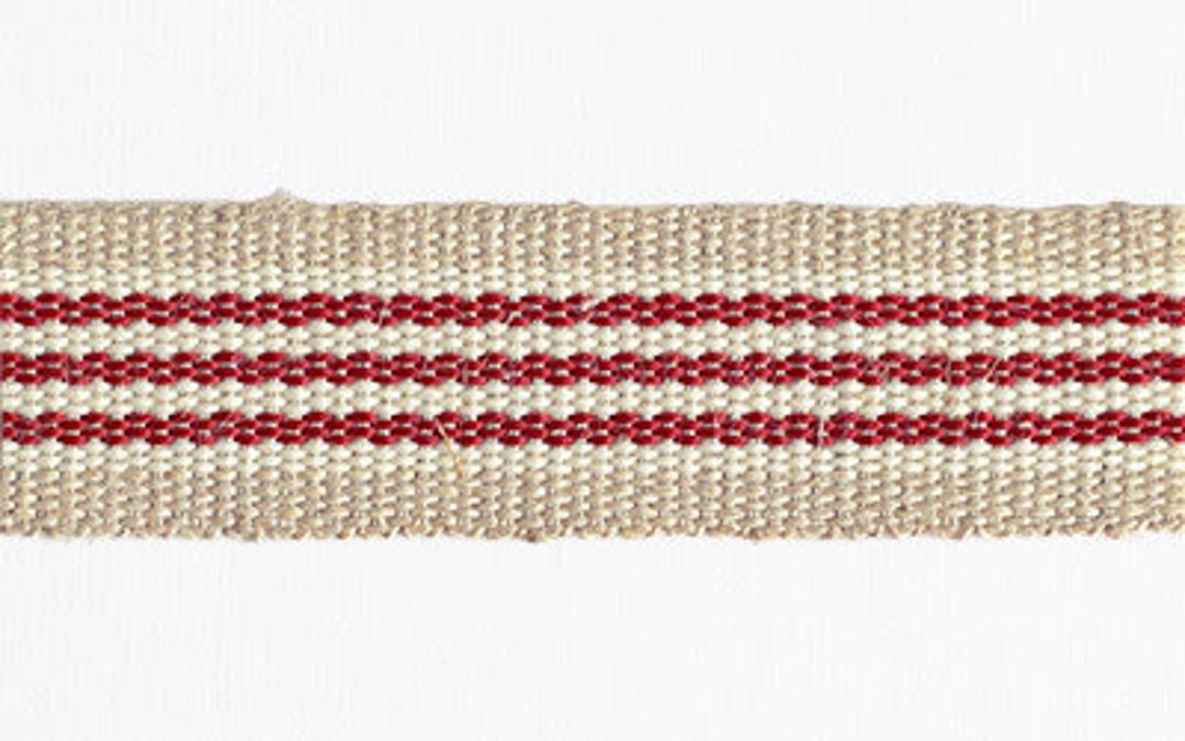 Natural Beige, Ivory & Marsala Red "Bute" Stripe Linen Ribbon, 22mm (7 ...