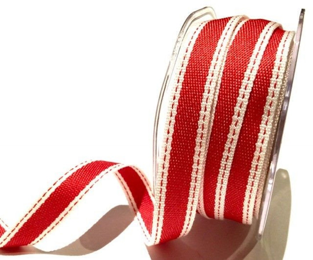 Red Centre Band With Red Saddle Stitched Edges on Ivory Woven Ribbon ...
