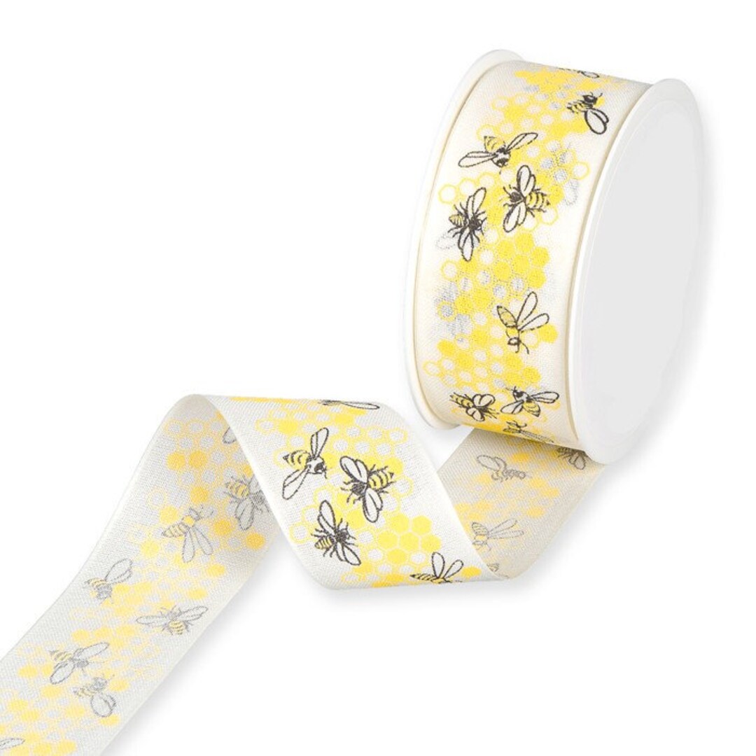 Bee Hive Print on White Matte Semi-sheer Textured Ribbon, 40mm (1 9 ...