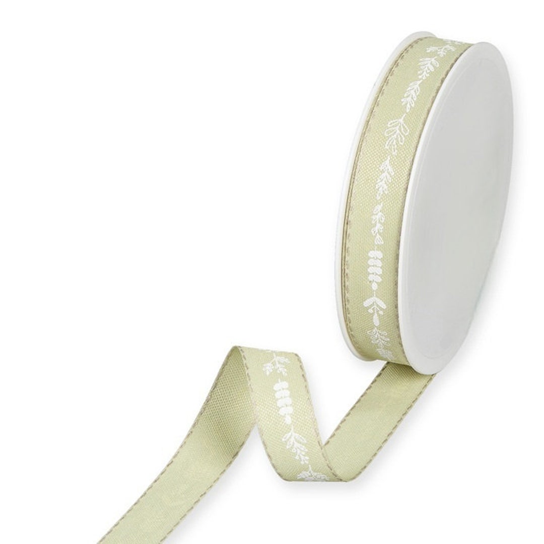 Sprigs & Twigs Print on Pistachio Green Textured Ribbon, 15mm (9/16in ...