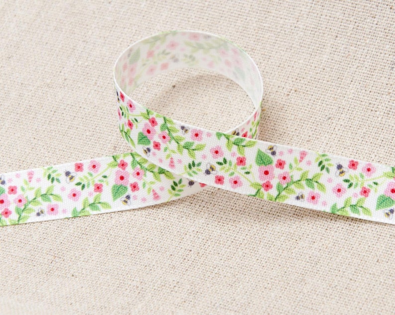 Pink Floral Print with Bees on White Woven Ribbon 15mm wide | Etsy