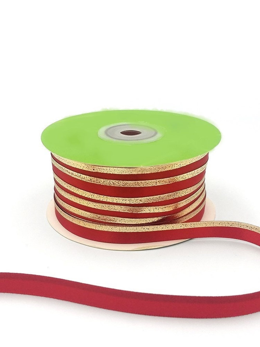 Metallic Gold Stripe on Red Satin Ribbon, 9mm 11/32in Wide sold per ...