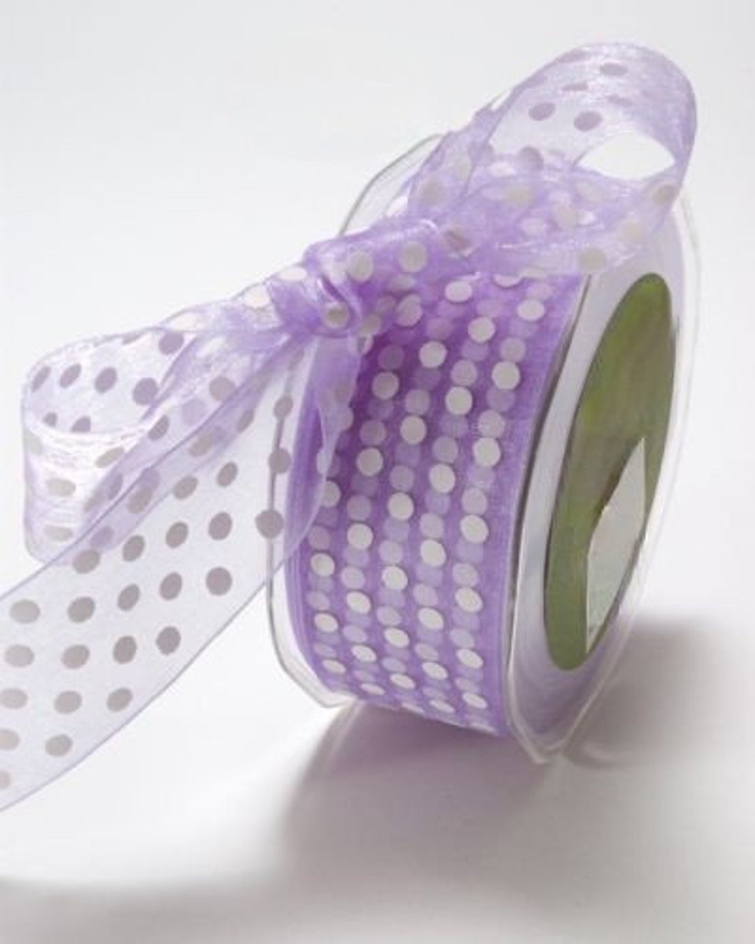White Polka Dot Print on Lilac Sheer Organza Ribbon, 38mm (1.5in) Wide ...