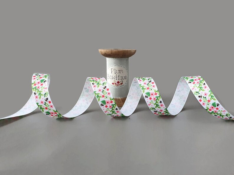 Pink Floral Print with Bees on White Woven Ribbon 15mm wide | Etsy