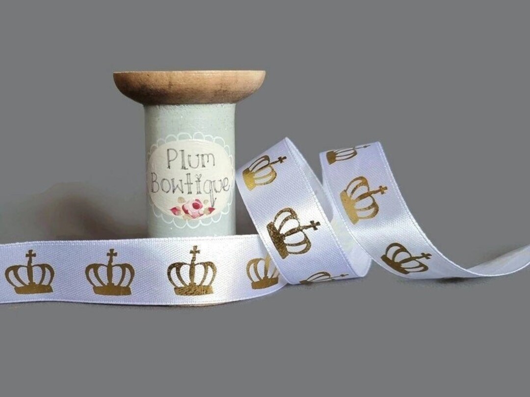Metallic Gold Crowns on White Satin Ribbon, 20mm (3/4in) Wide *per 1 ...