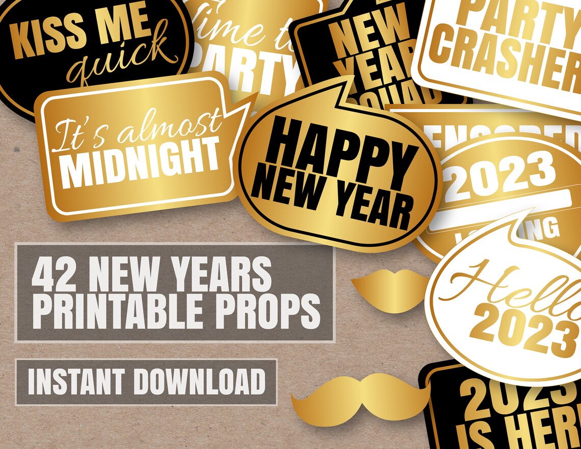 Printable New Years Printable Photo Booth Props Gold 2023 New - Etsy