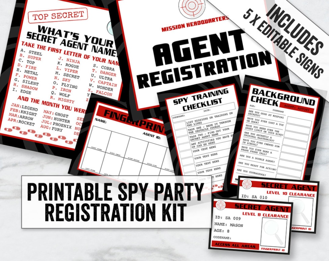 Spy Party Printables, Editable Secret Agent Party Registration Kit, Kid ...