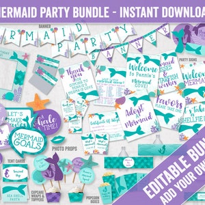 Editable Mermaid Party Bundle, Printable DIY Mermaid Party Pack ...