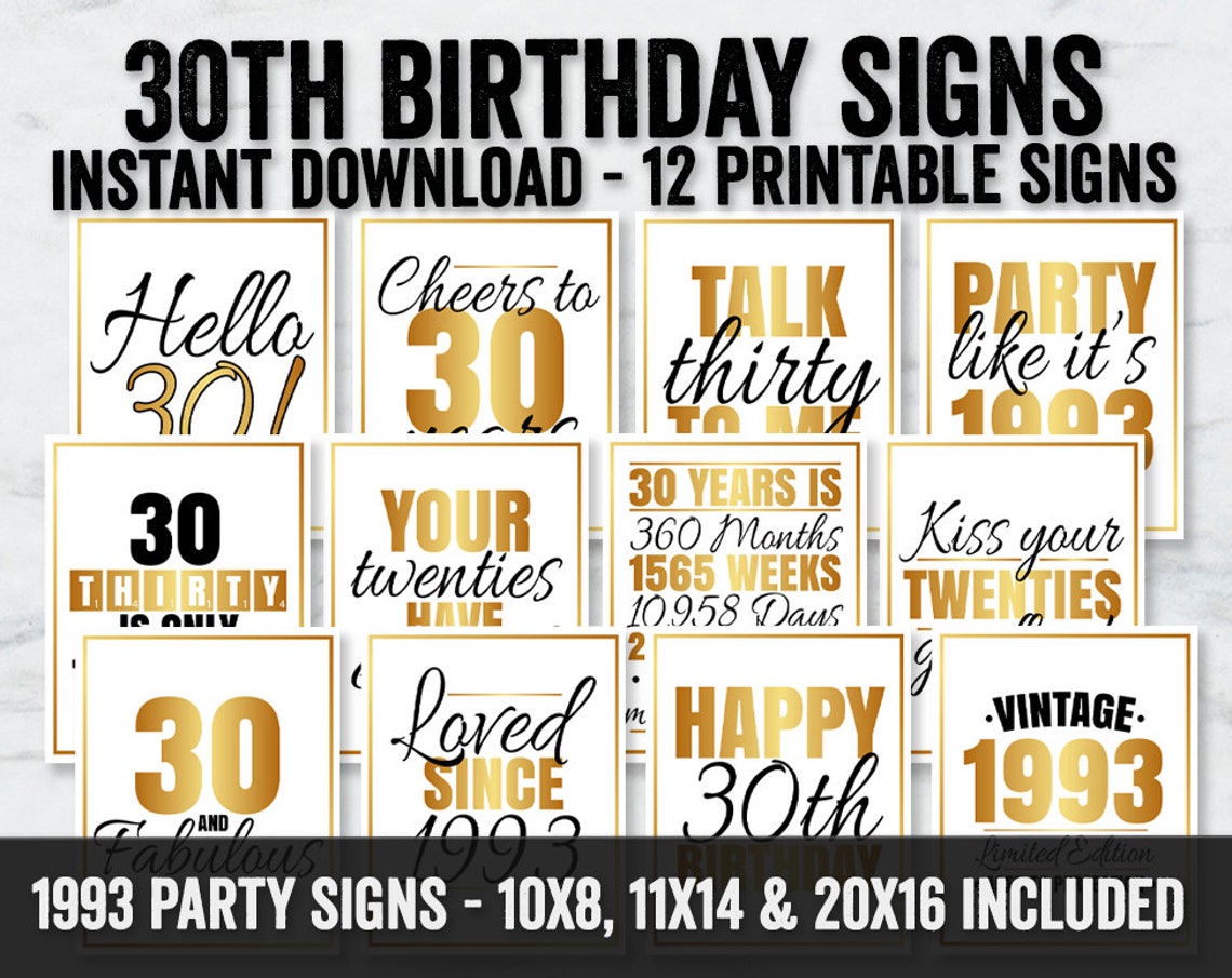 Printable 30th Birthday Signs Gold Party Signs 1993 Gold - Etsy