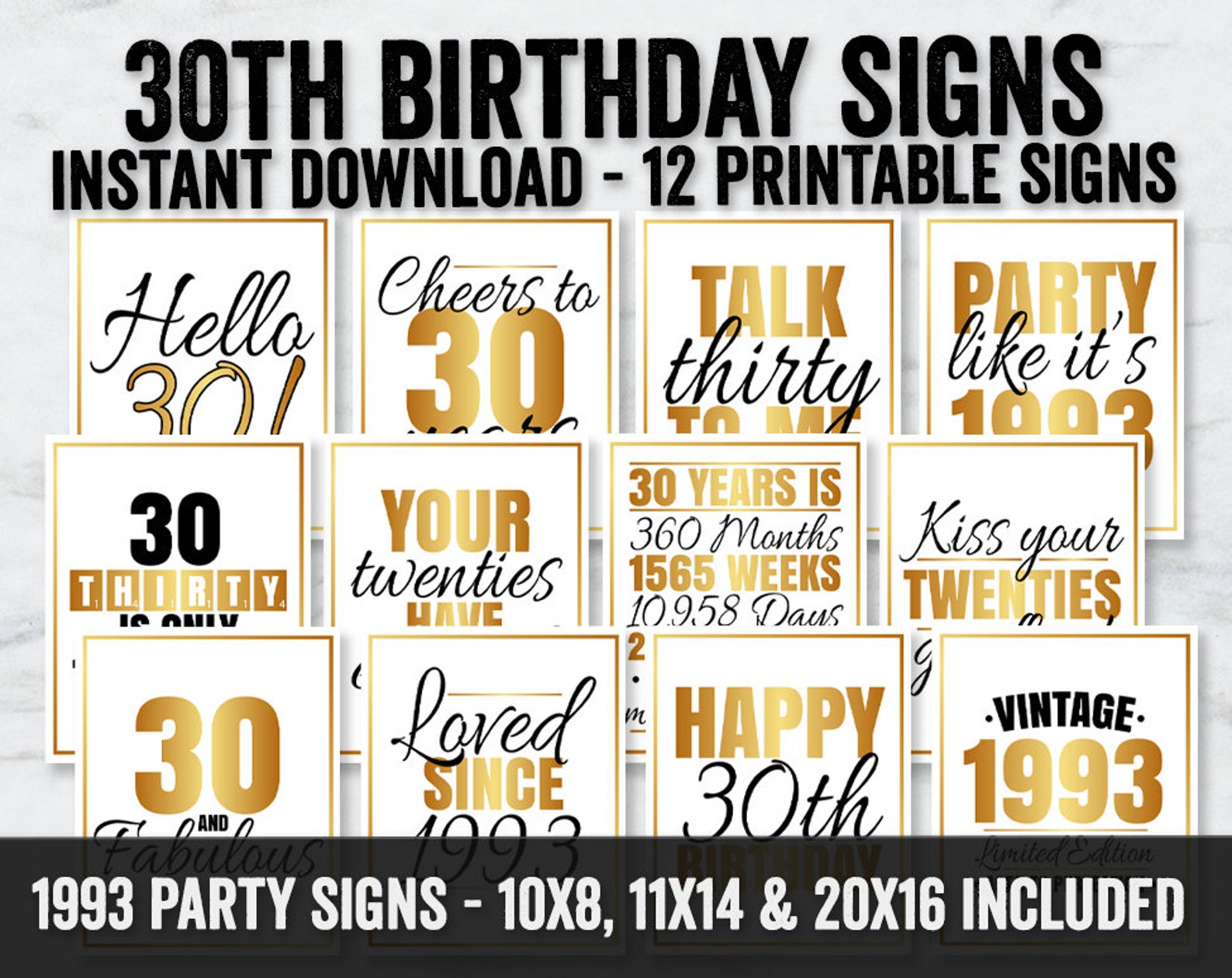 Printable 30th Birthday Signs Gold Party Signs 1993 Gold - Etsy