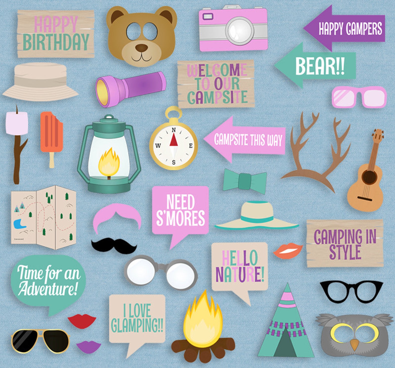 35 Glamping Party Photo Booth Props Girly Camping Themed - Etsy
