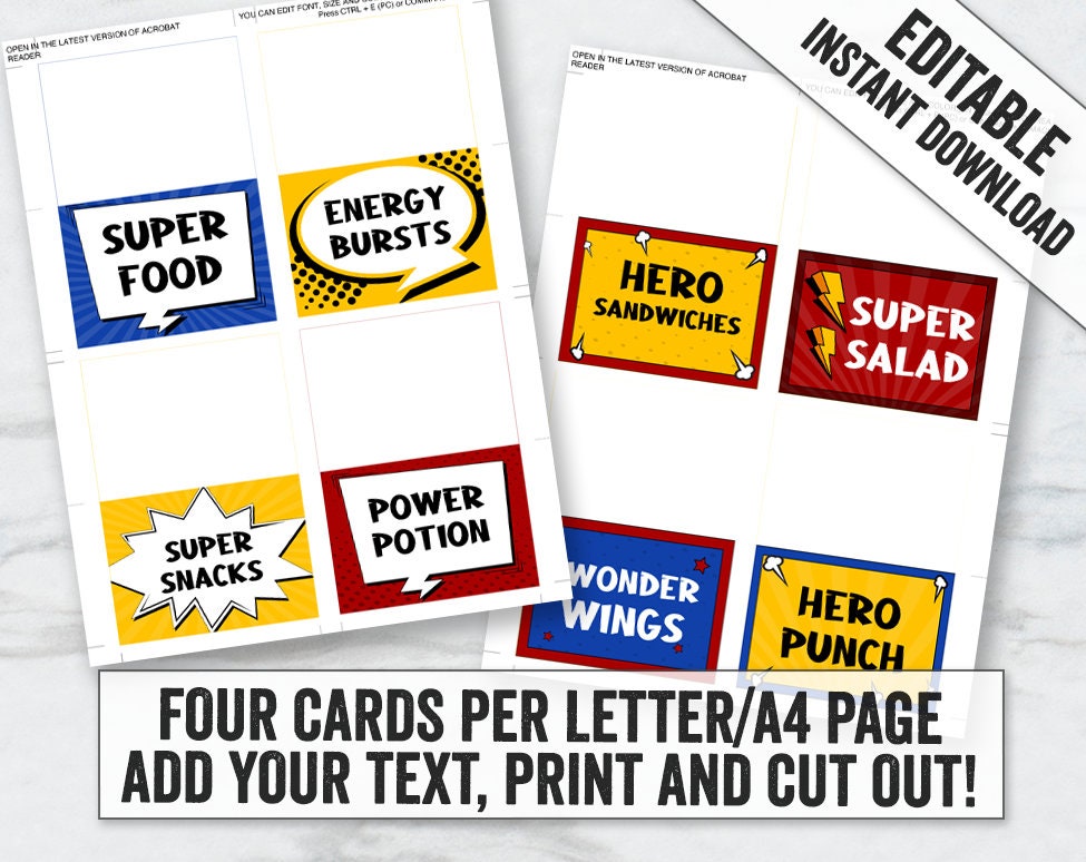 Superhero Party Tent Card Printables, Editable Super Hero Place Cards ...