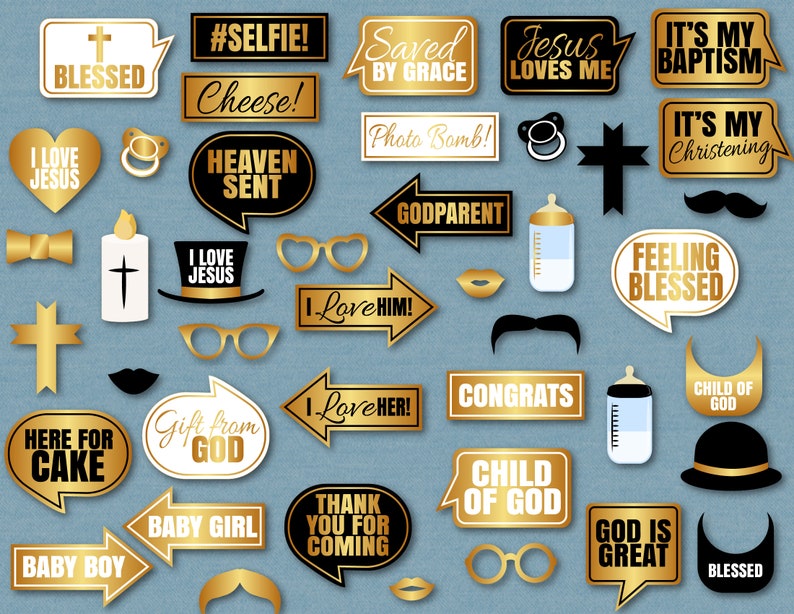 40 Printable Christening Props, Gold Fun Baptism Selfie Props ...