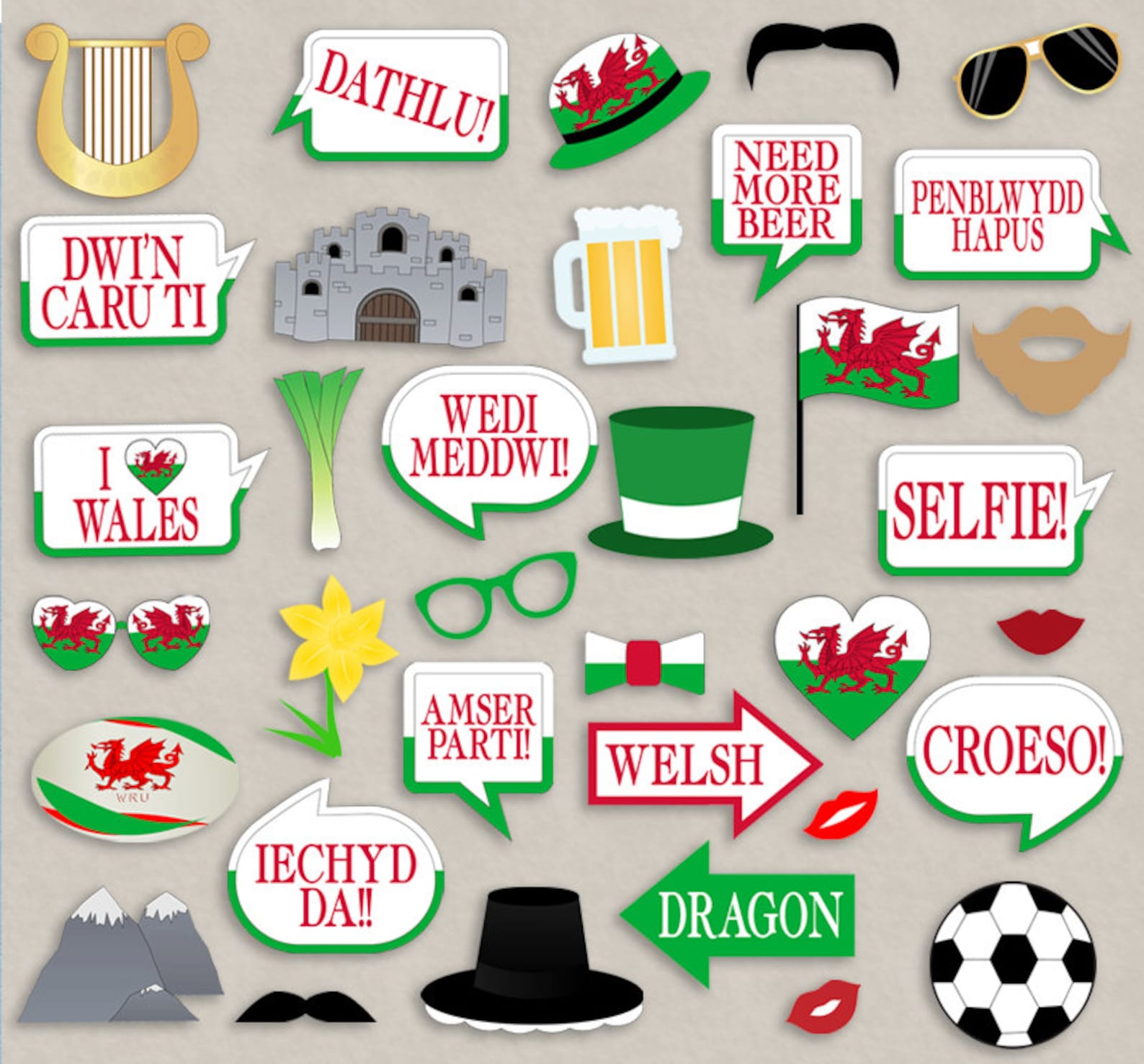 35 Welsh Party Photo Booth Props, Wales Party Props, Love Wales Party ...