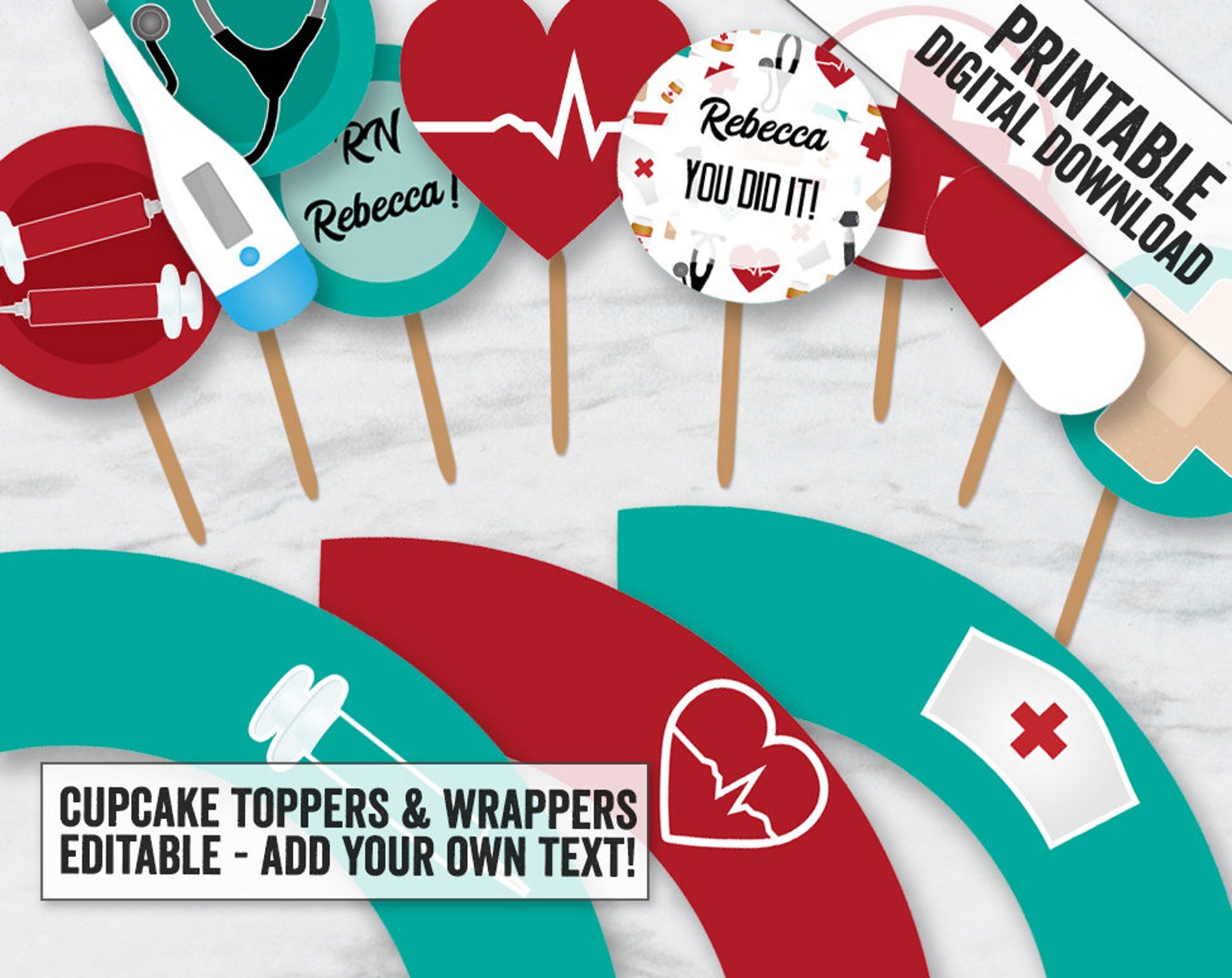 Printable Nurse Cupcake toppers and wrapper editable nursing | Etsy