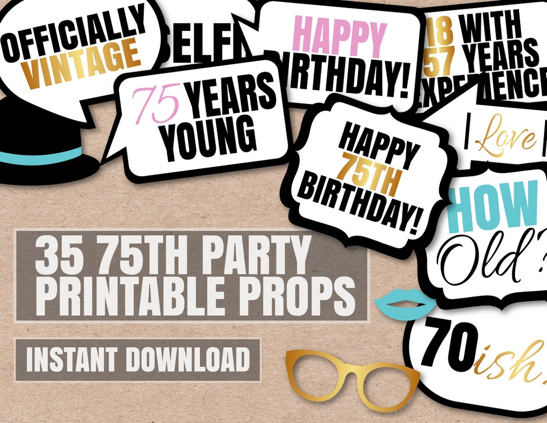 35 75th Birthday Photo Booth Printable Props, 75th Party, Black White ...