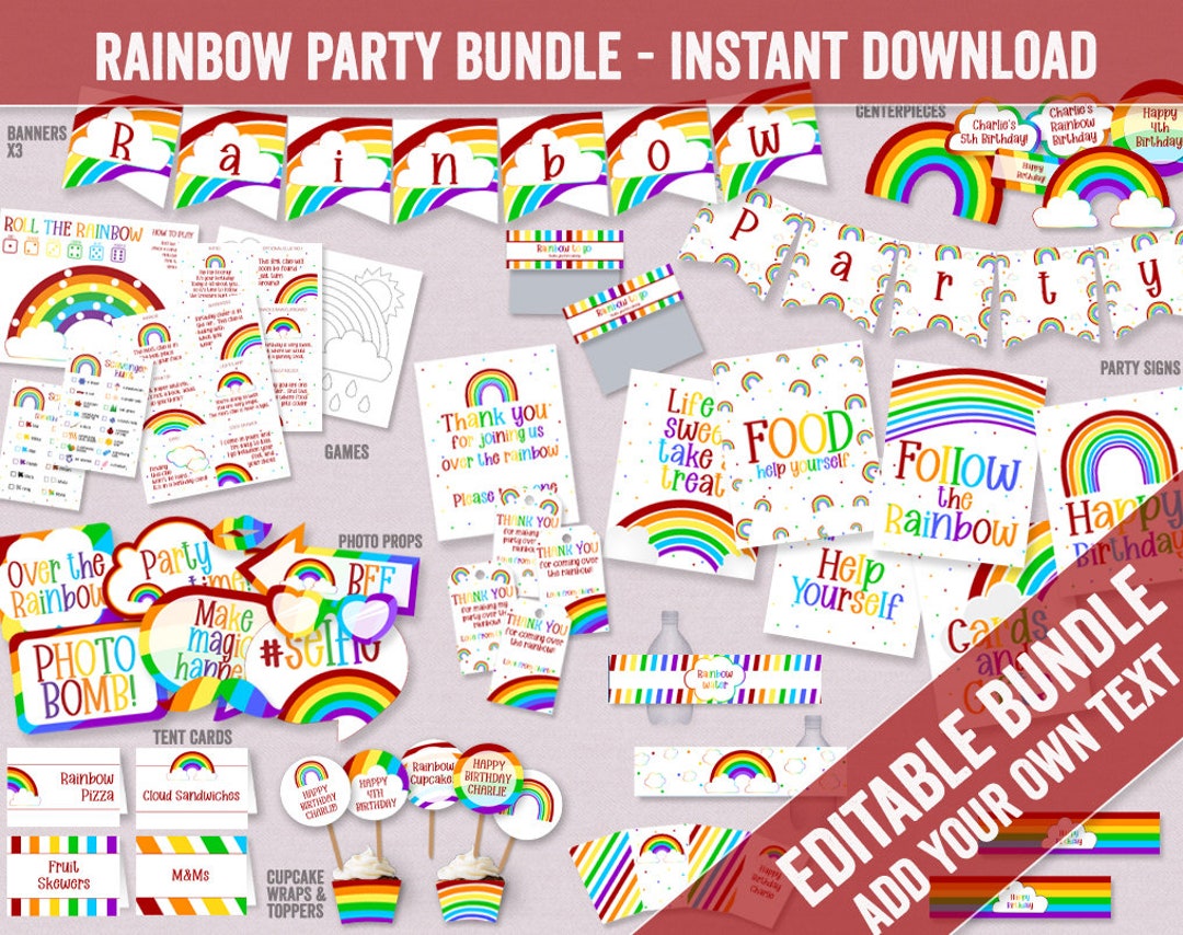 Editable Rainbow Party Bundle, Printable Rainbow Party Birthday Pack ...