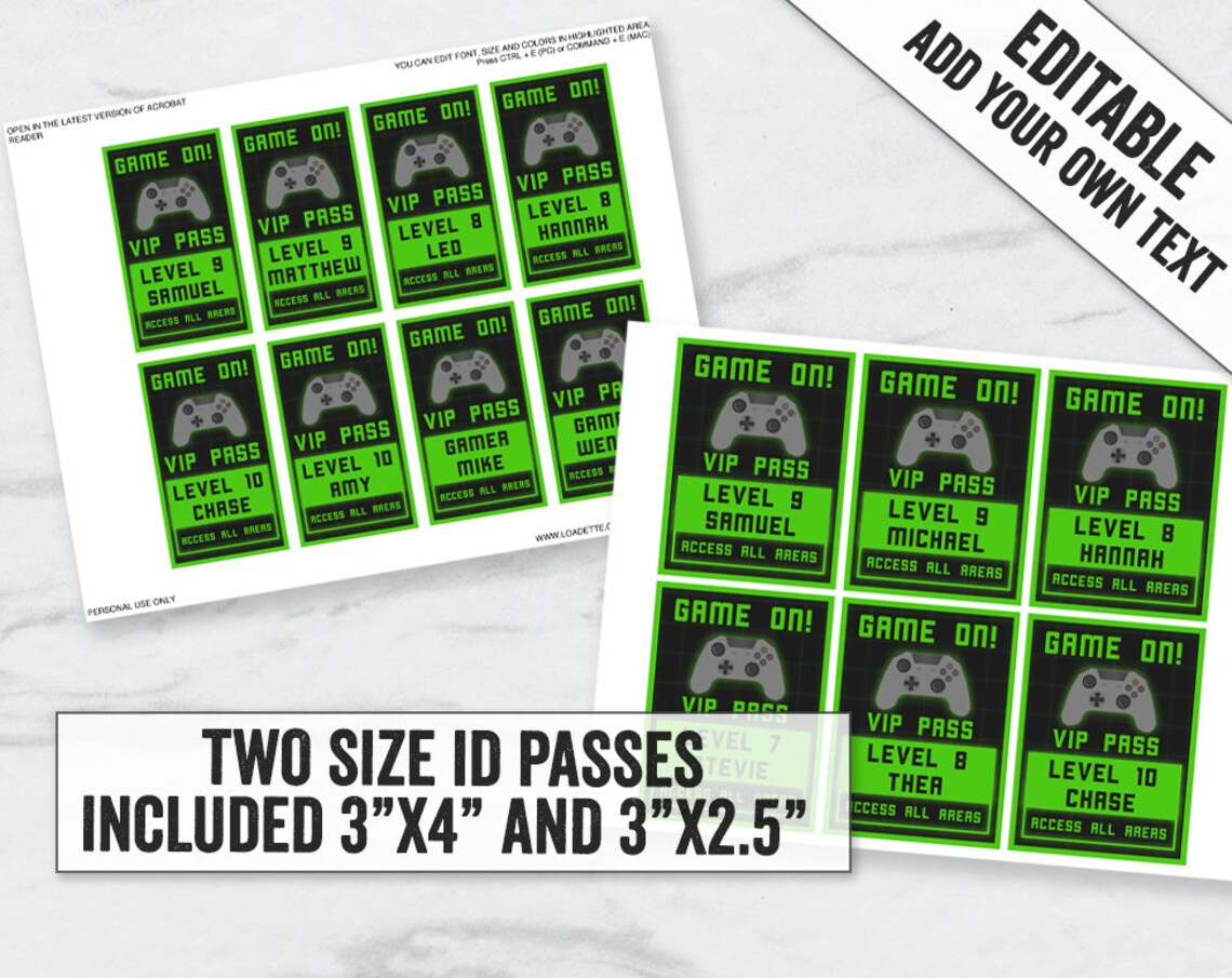Editable Gamer ID Passes Template Printable Gaming Party - Etsy UK