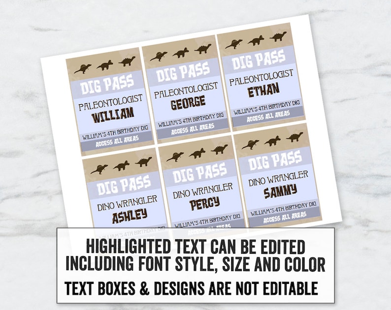 Editable Dinosaur Party Passes, Printable Dino Dig Passes, Printable ...