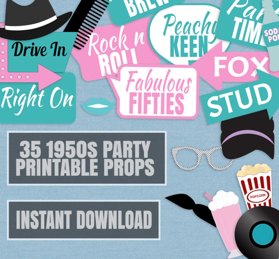 35 1950s Party Props, Diner Party Photo Booth Prop, Diy Photobooth ...
