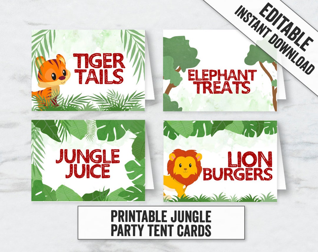 Jungle Party Tent Card Printables, Editable Jungle Safari Party Place ...