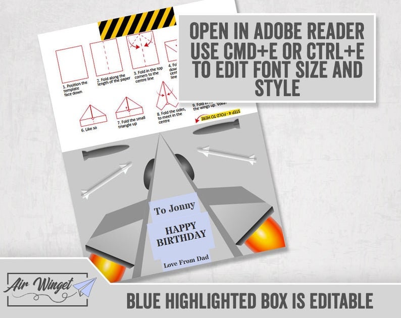 Fighter Jet Paper Plane Template, Editable Fight Jet Plane Card ...