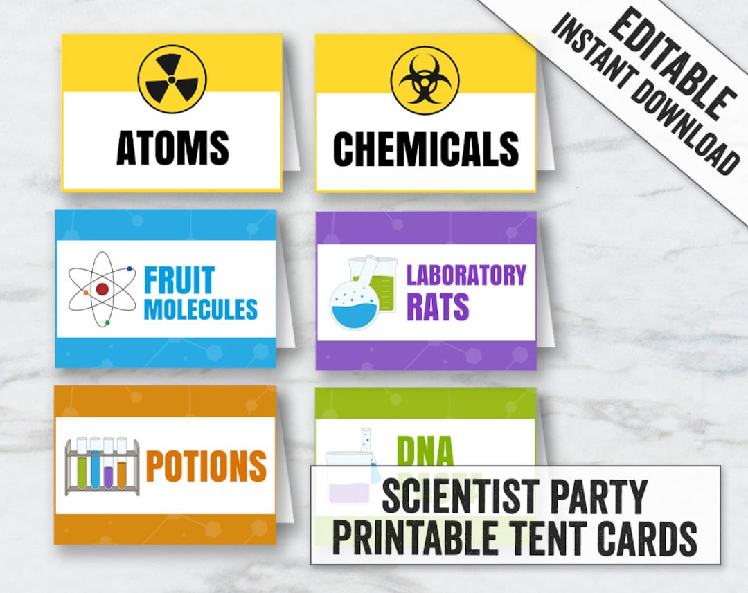Science Tent Card Printables, Editable Science Party Place Cards Tents ...