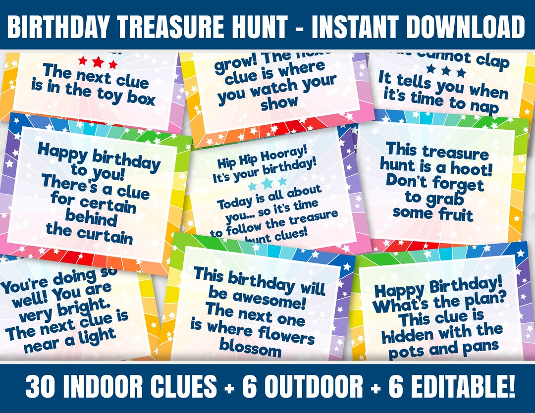 Printable Birthday Day Treasure Hunt Clues, Birthday Rainbow Themed ...