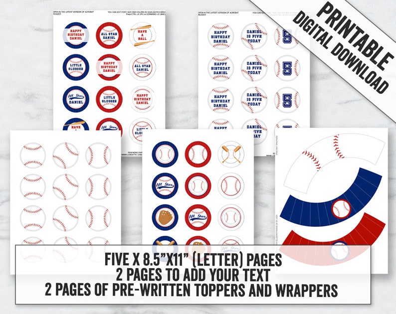 Baseball Cupcake Toppers and Wrapper Printables, Editable Baseball ...